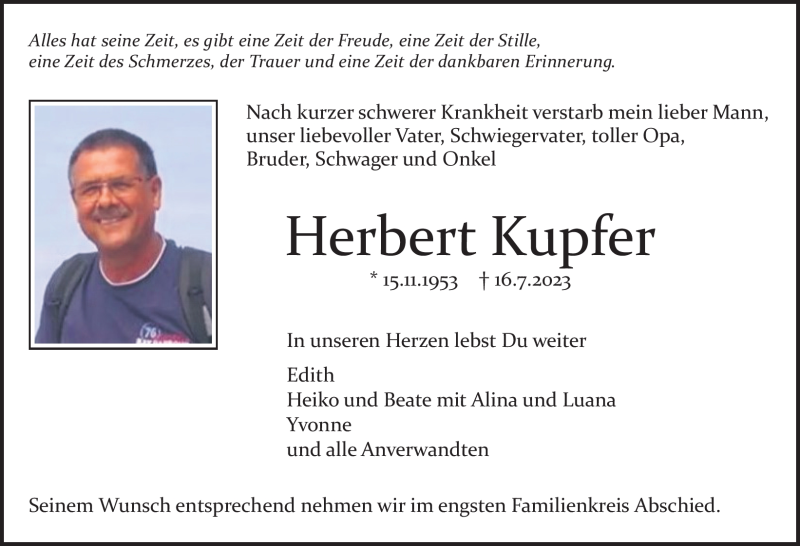 Traueranzeigen von Herbert Kupfer | Schwarzwälder Bote Trauer