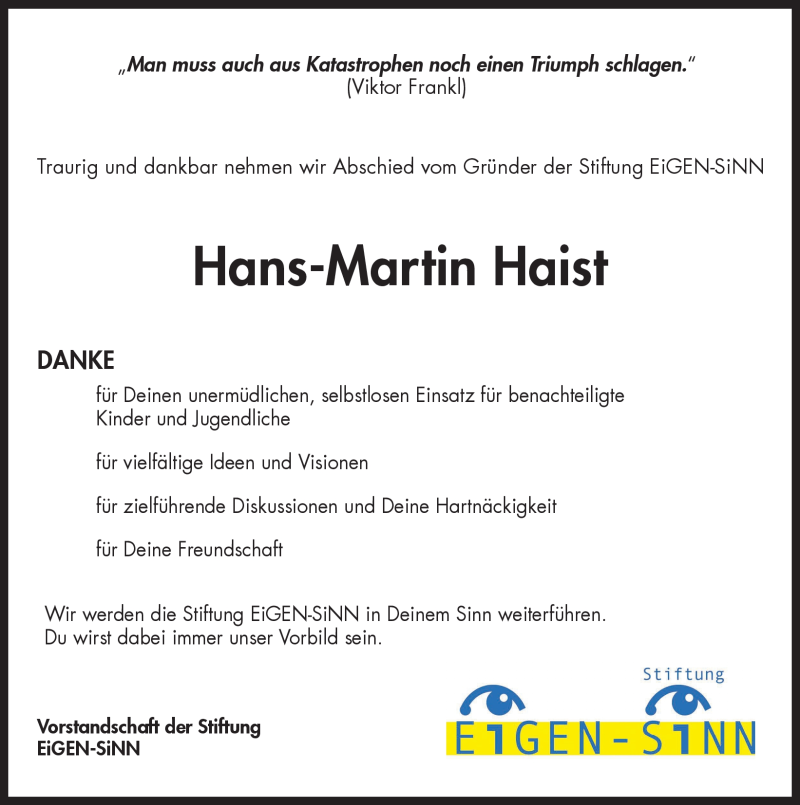 Traueranzeigen von Hans-Martin Haist | Schwarzwälder Bote Trauer