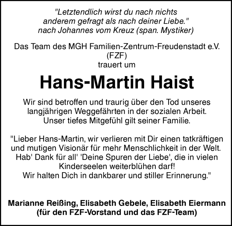 Traueranzeigen von Hans-Martin Haist | Schwarzwälder Bote Trauer