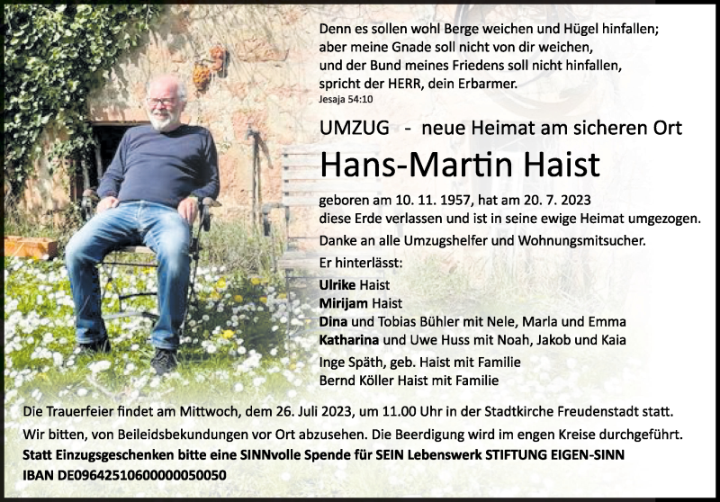 Traueranzeigen von Hans-Martin Haist | Schwarzwälder Bote Trauer