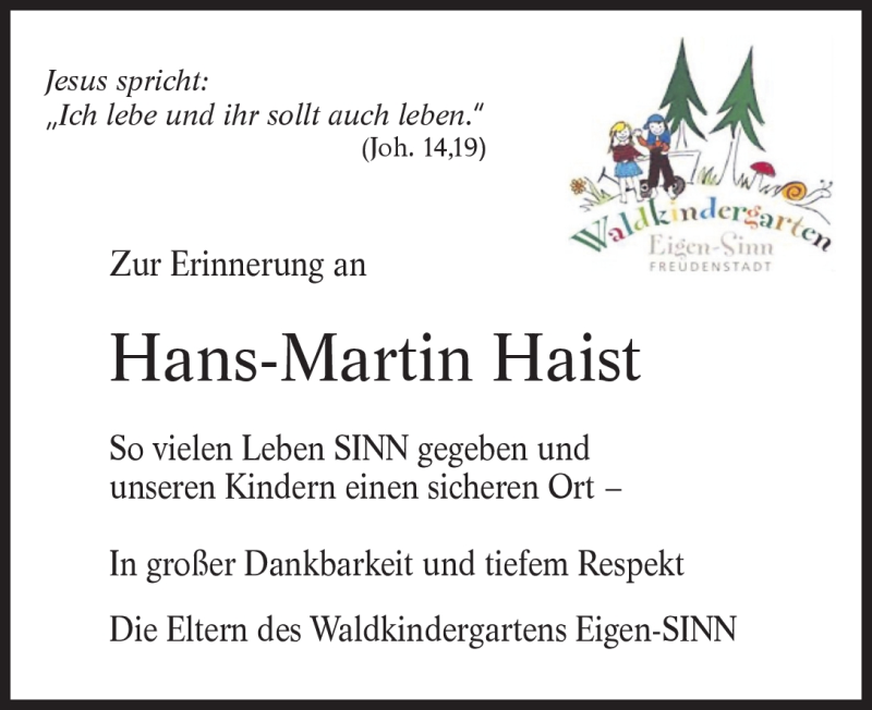 Traueranzeigen von Hans-Martin Haist | Schwarzwälder Bote Trauer