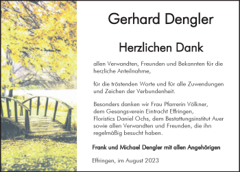 Traueranzeigen von Gerhard Dengler | Schwarzwälder Bote Trauer