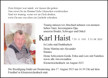 Traueranzeigen von Karl Haist | Schwarzwälder Bote Trauer