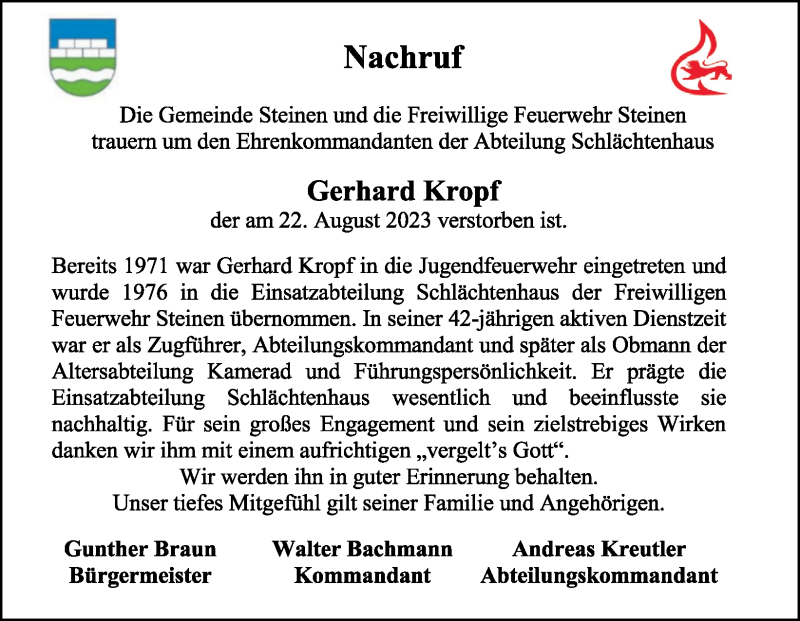 Traueranzeigen von Gerhard Kropf | Schwarzwälder Bote Trauer