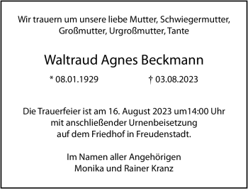 Traueranzeigen von Waltraud Agnes Beckmann | Schwarzwälder Bote Trauer