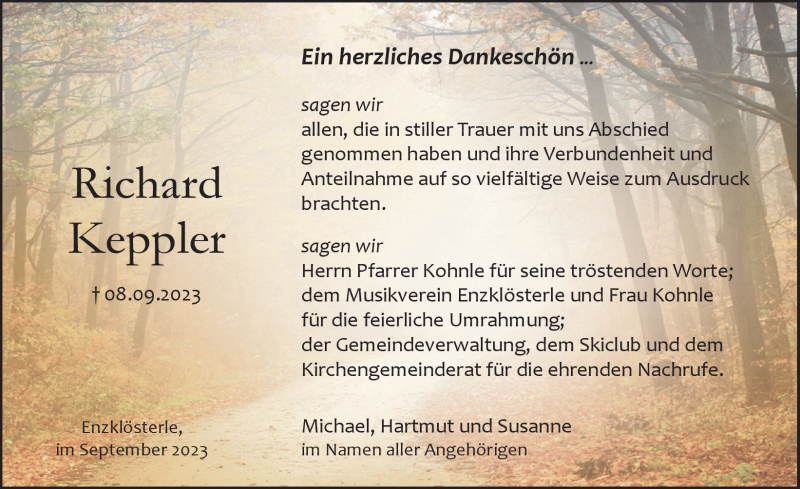 Traueranzeigen von Richard Keppler | Schwarzwälder Bote Trauer