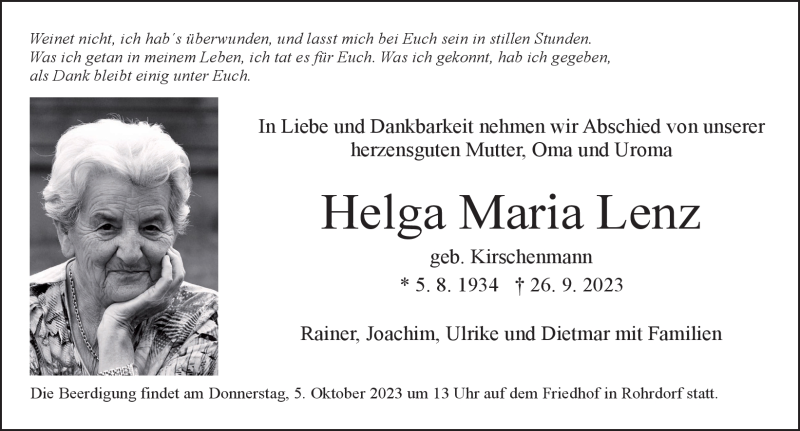 Traueranzeigen von Helga Maria Lenz | Schwarzwälder Bote Trauer