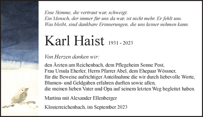 Traueranzeigen von Karl Haist | Schwarzwälder Bote Trauer