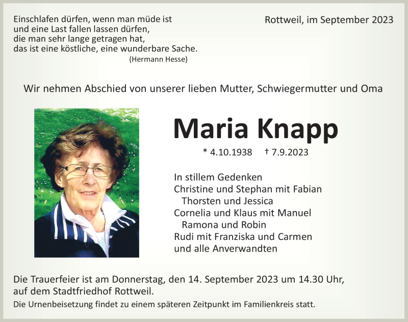 Traueranzeigen von Maria Knapp | Schwarzwälder Bote Trauer
