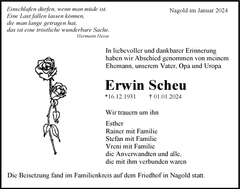 Traueranzeigen von Erwin Scheu | Schwarzwälder Bote Trauer