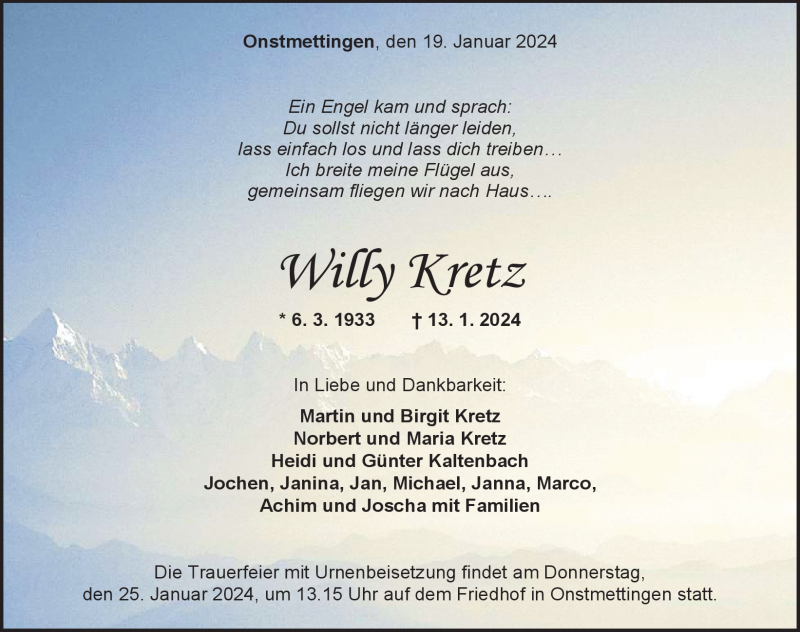 Traueranzeigen von Willy Kretz | Schwarzwälder Bote Trauer