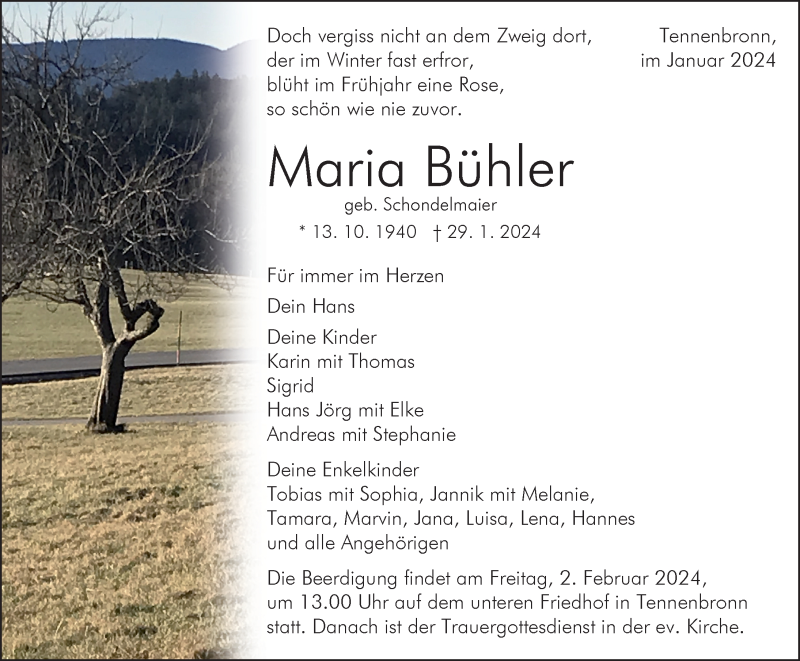 Traueranzeigen von Maria Bühler | Schwarzwälder Bote Trauer