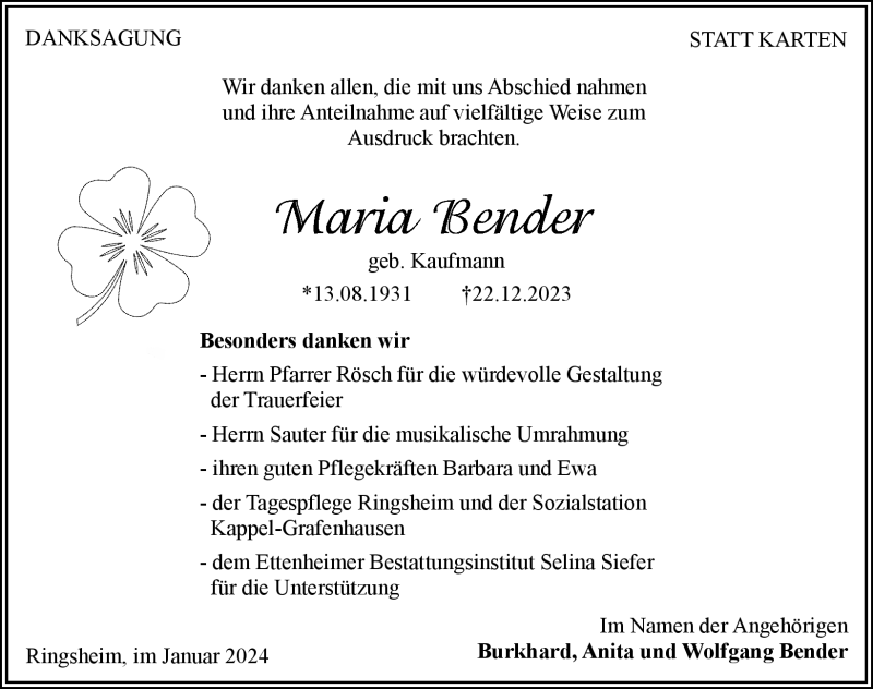 Traueranzeigen von Maria Bender | Schwarzwälder Bote Trauer