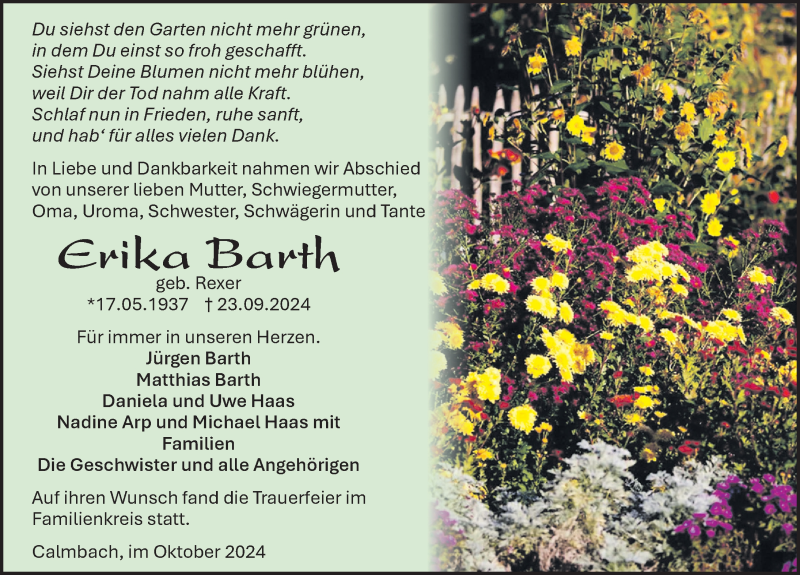 Traueranzeigen von Erika Barth | Schwarzwälder Bote Trauer