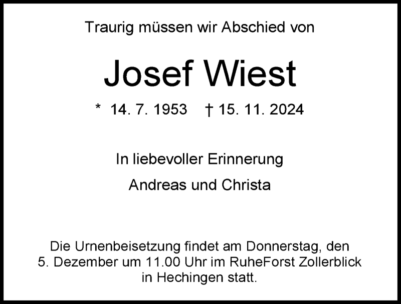 Traueranzeigen von Josef Wiest | Schwarzwälder Bote Trauer