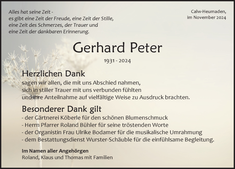 Traueranzeigen von Gerhard Peter | Schwarzwälder Bote Trauer