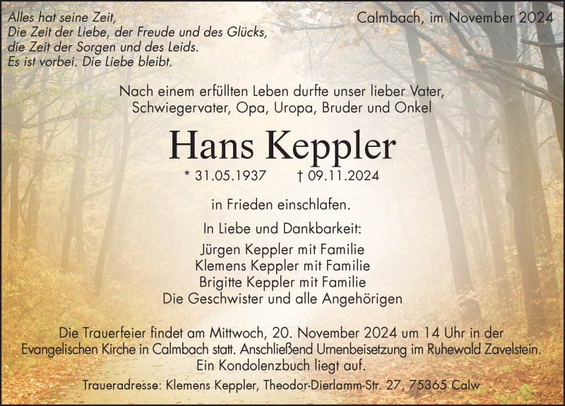 Traueranzeigen von Hans Keppler | Schwarzwälder Bote Trauer
