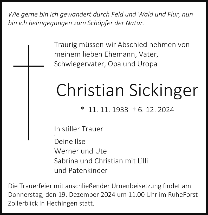 Traueranzeigen von Christian Sickinger | Schwarzwälder Bote Trauer