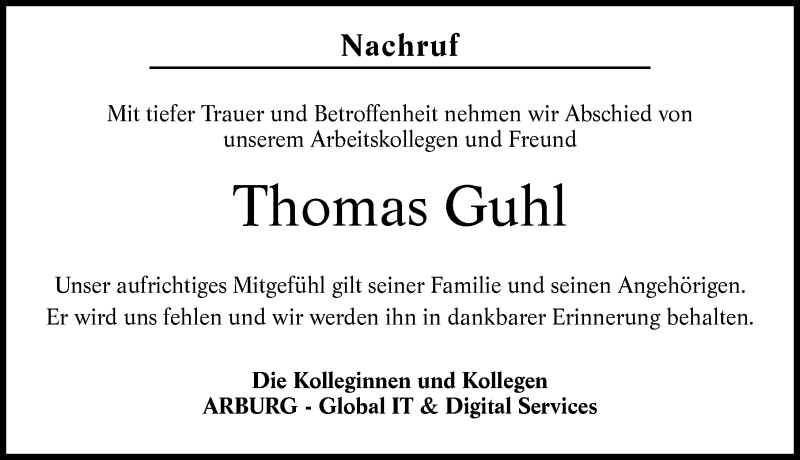Traueranzeigen von Thomas Guhl | Schwarzwälder Bote Trauer