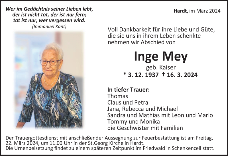 Traueranzeigen von Inge Mey | Schwarzwälder Bote Trauer