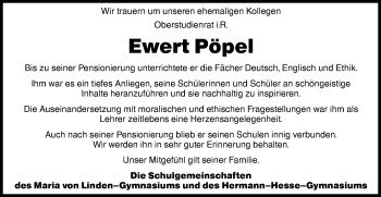 Traueranzeigen von Erwert Pöpel | Schwarzwälder Bote Trauer