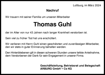 Traueranzeigen von Thomas Guhl | Schwarzwälder Bote Trauer