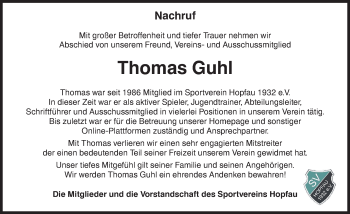 Traueranzeigen von Thomas Guhl | Schwarzwälder Bote Trauer