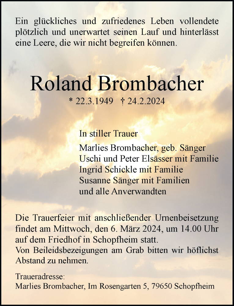Traueranzeigen von Roland Brombacher | Schwarzwälder Bote Trauer
