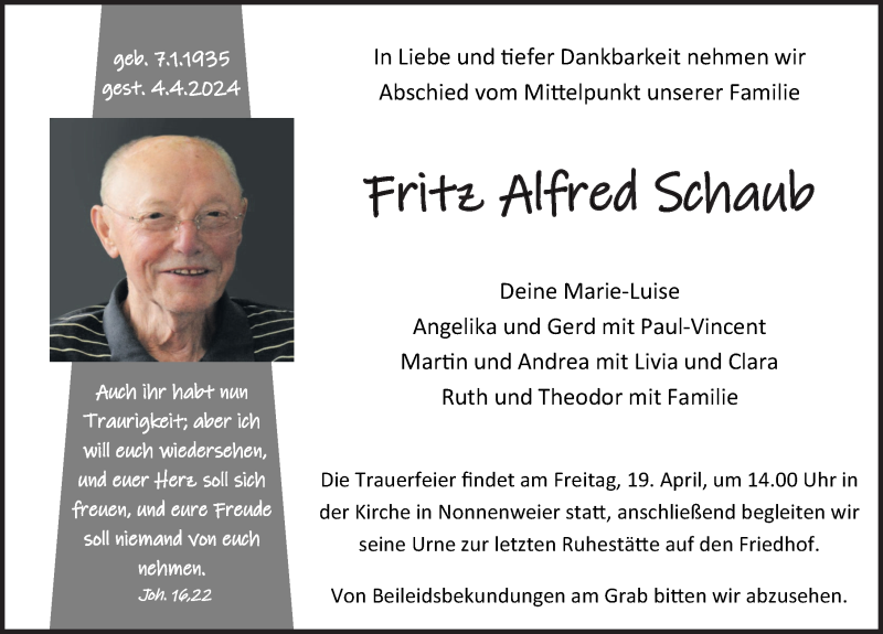 Traueranzeigen von Fritz Alfred Schaub | Schwarzwälder Bote Trauer