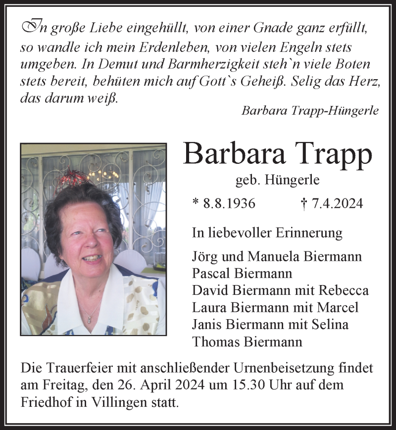 Traueranzeigen von Barbara Trapp | Schwarzwälder Bote Trauer
