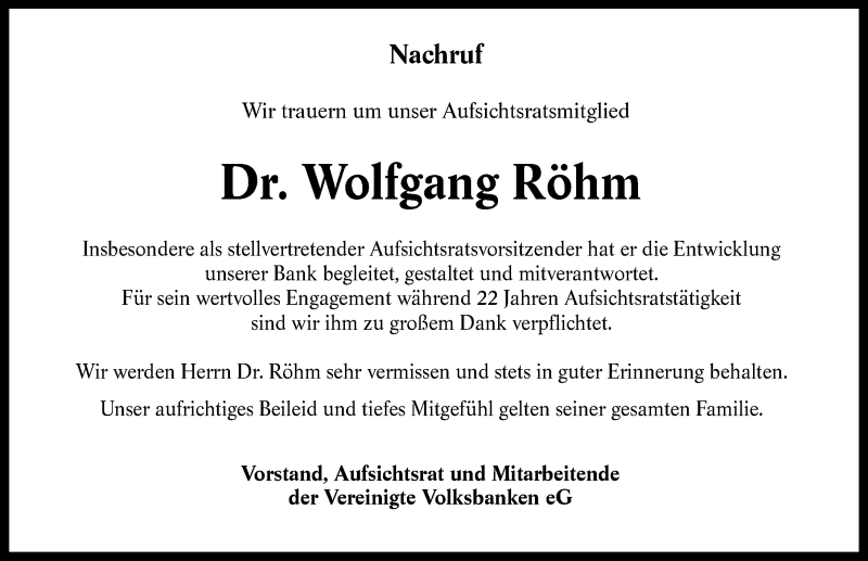 Traueranzeigen von Wolfgang Röhm | Schwarzwälder Bote Trauer