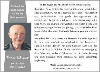 Traueranzeigen von Fritz Schaub | Schwarzwälder Bote Trauer