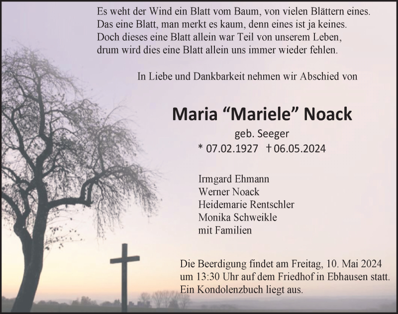Traueranzeigen von Maria Noack | Schwarzwälder Bote Trauer