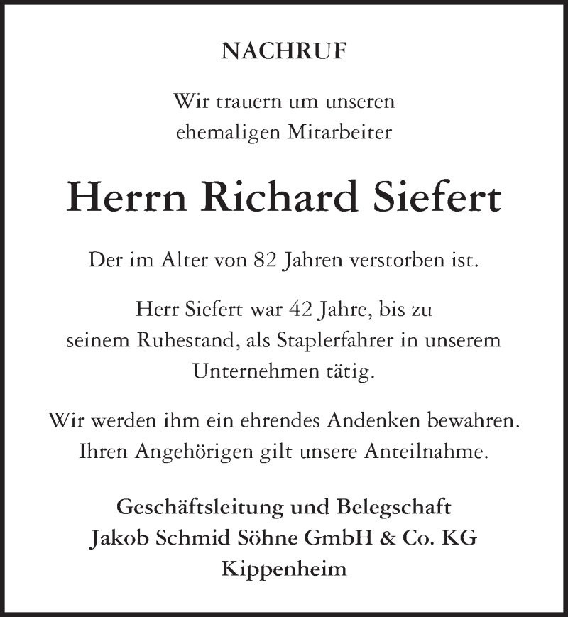 Traueranzeigen von Richard Siefert | Schwarzwälder Bote Trauer