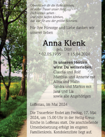 Traueranzeigen von Anna Klenk | Schwarzwälder Bote Trauer