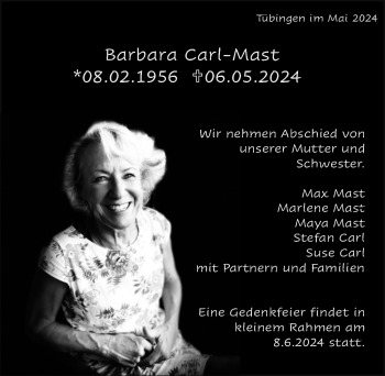 Traueranzeigen von Barbara Carl-Mast | Schwarzwälder Bote Trauer