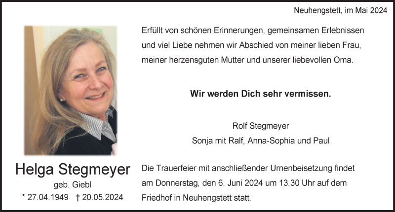 Traueranzeigen von Helga Stegmeyer | Schwarzwälder Bote Trauer