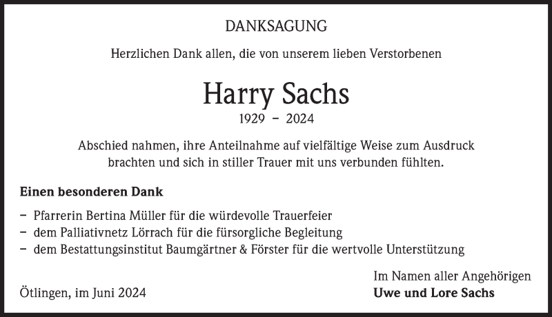 Traueranzeigen von Harry Sachs | Schwarzwälder Bote Trauer
