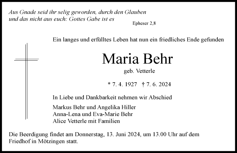 Traueranzeigen von Maria Behr | Schwarzwälder Bote Trauer