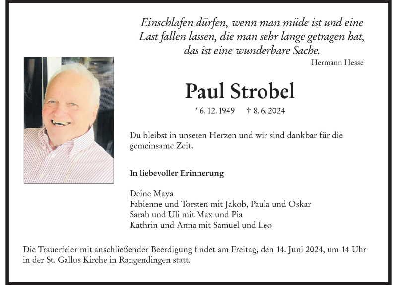 Traueranzeigen von Paul Strobel | Schwarzwälder Bote Trauer