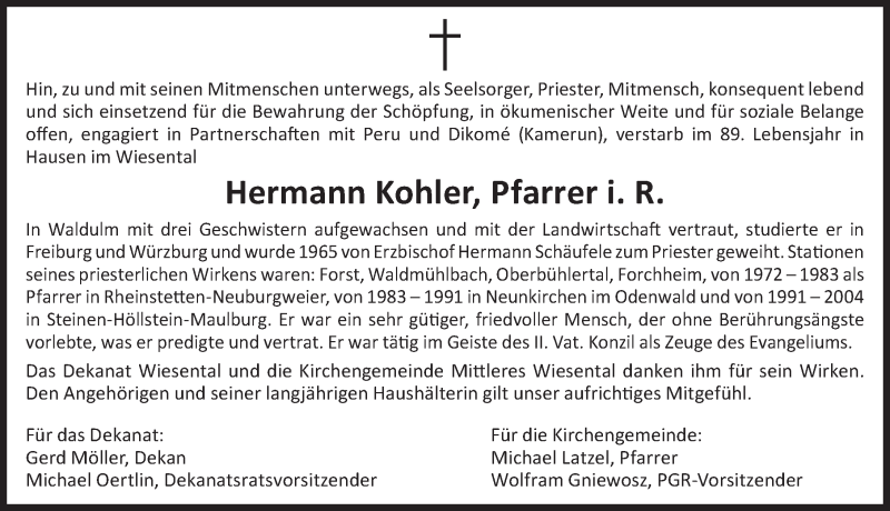 Traueranzeigen von Hermann Kohler | Schwarzwälder Bote Trauer