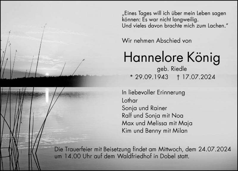 Traueranzeigen von Hannelore König | Schwarzwälder Bote Trauer