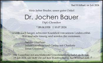 Traueranzeigen von Jochen Bauer | Schwarzwälder Bote Trauer