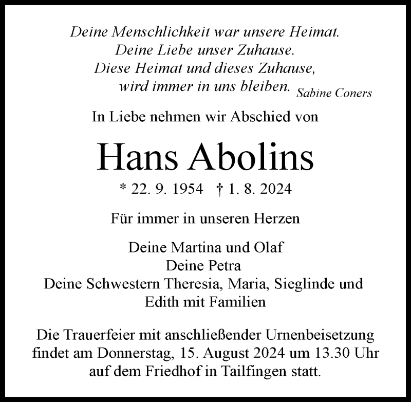 Traueranzeigen von Hans Abolins | Schwarzwälder Bote Trauer