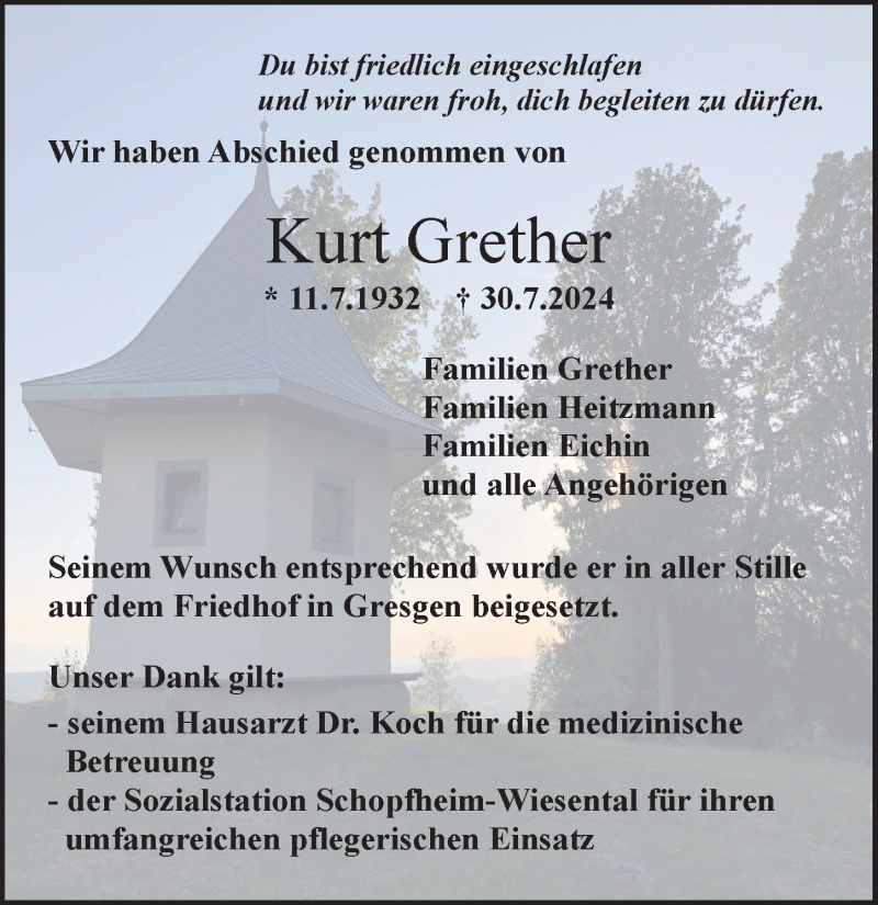 Traueranzeigen von Kurt Grether | Schwarzwälder Bote Trauer