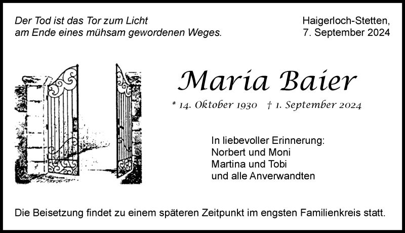Traueranzeigen von Maria Baier | Schwarzwälder Bote Trauer