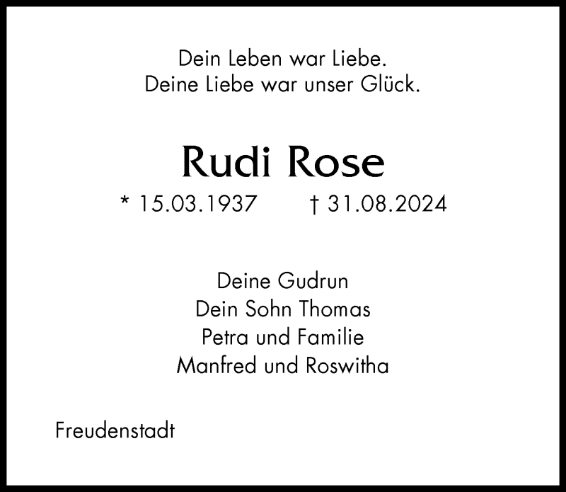 Traueranzeigen von Rudi Rose | Schwarzwälder Bote Trauer