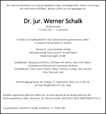 Traueranzeigen von Werner Schalk | Schwarzwälder Bote Trauer