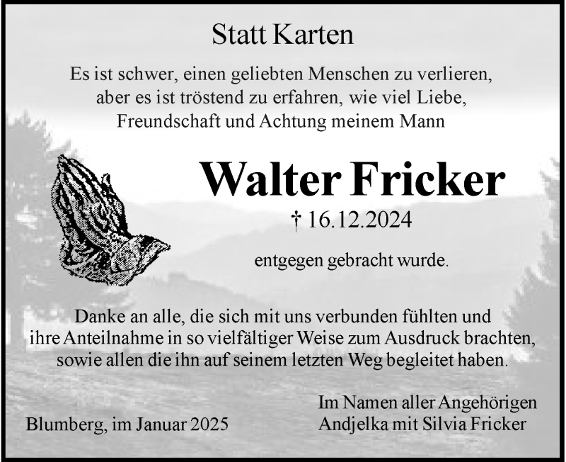 Traueranzeigen von Walter Fricker | Schwarzwälder Bote Trauer