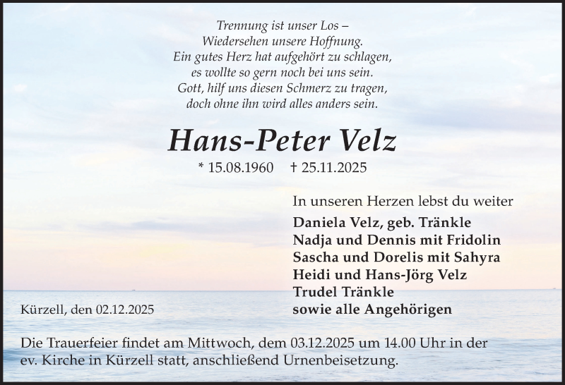 Traueranzeigen von Hans-Peter Velz | Schwarzwälder Bote Trauer